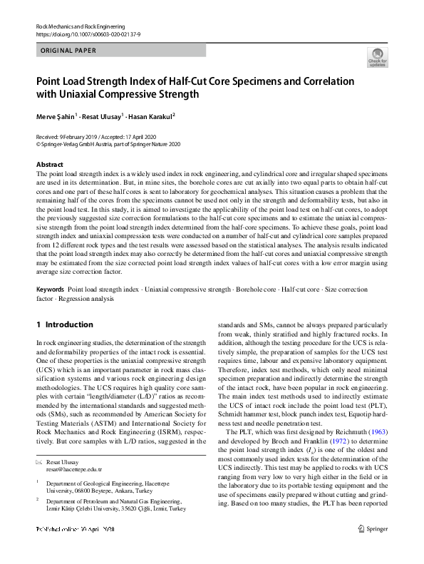(PDF) Point Load Strength Index of Half-Cut Core Specimens and ...