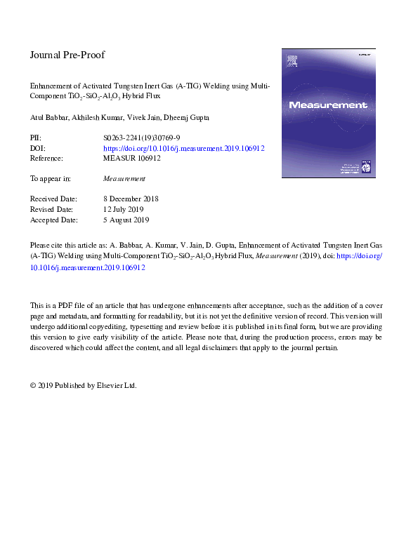 Pdf Enhancement Of Activated Tungsten Inert Gas A Tig Welding Using Multi Component Tio2