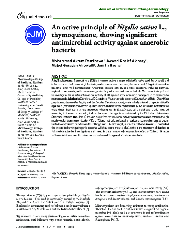 (PDF) An active principle of Nigella sativa L, thymoquinone, showed ...