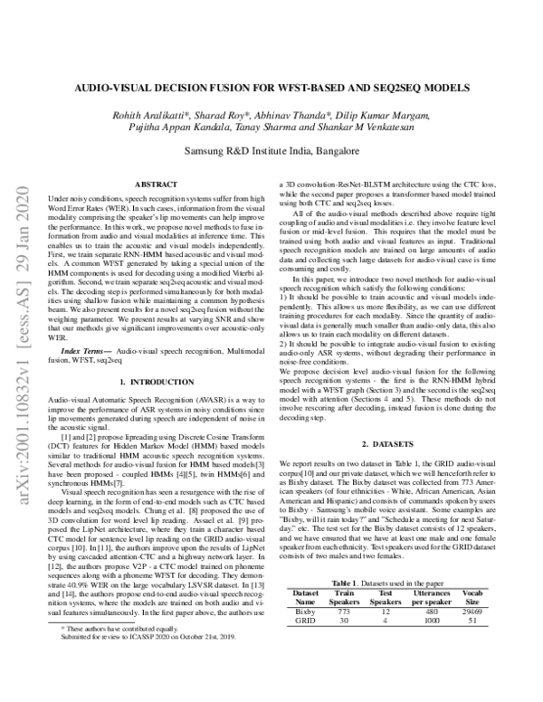 (PDF) Audio-Visual Decision Fusion for WFST-based and seq2seq Models | Sharad Roy - Academia.edu