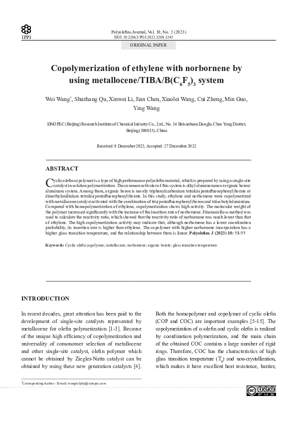 (PDF) Copolymerization of ethylene with norbornene by using metallocene ...