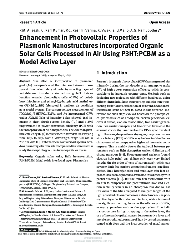 Pdf Enhancement In Photovoltaic Properties Of Plasmonic Nanostructures Incorporated Organic