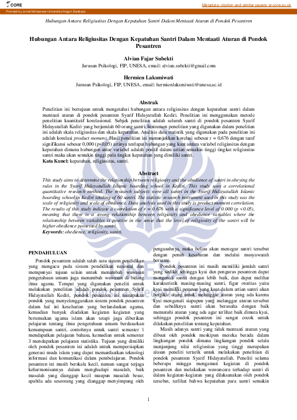 (PDF) Hubungan Antara Religiusitas Dengan Kepatuhan Santri Dalam ...