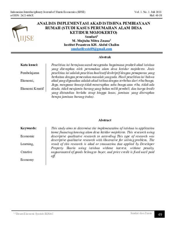 (PDF) Analisis Implementasi Akad Istishna' Pembiayaan Rumah