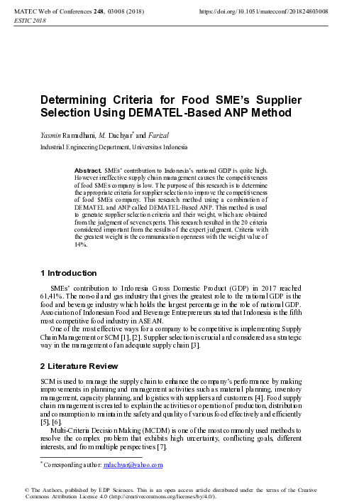 Pdf Determining Criteria For Food Smes Supplier Selection Using Dematel Based Anp Method