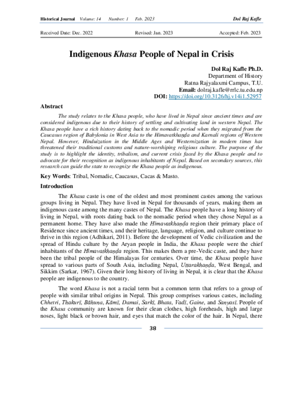 (PDF) Indigenous Khasa People of Nepal in Crisis