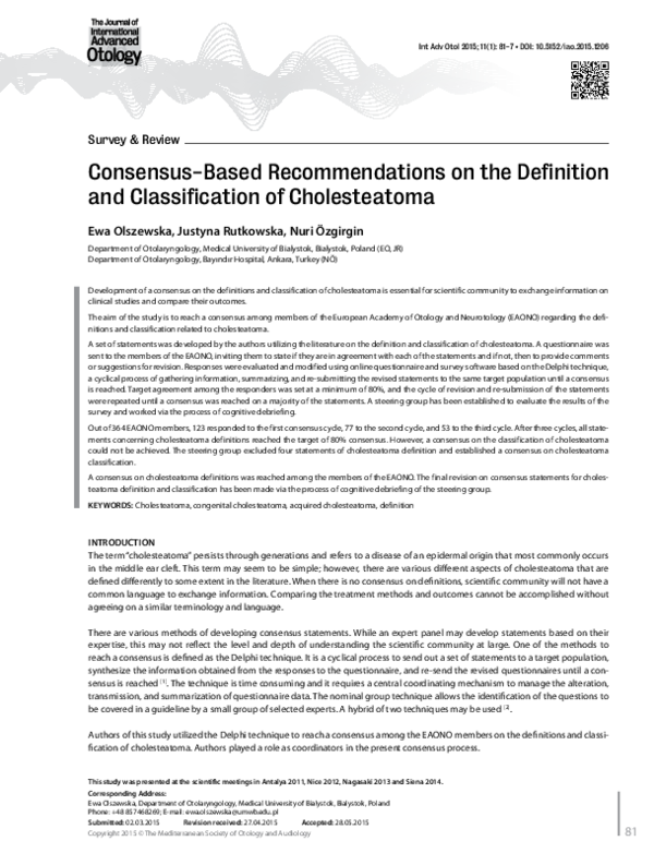 (PDF) Consensus-Based Recommendations on the Definition and Classification of Cholesteatoma