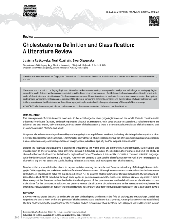 (PDF) Cholesteatoma Definition and Classification: A Literature Review