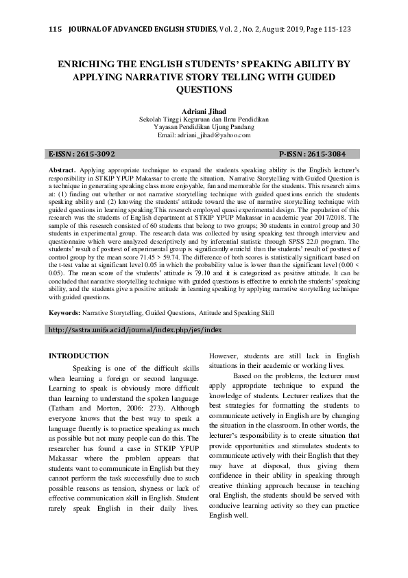 (PDF) Enriching the English Students’ Speaking Ability by Applying Narrative Story Telling with ...