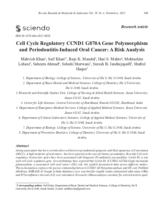 (PDF) Cell Cycle Regulatory CCND1 G870A Gene Polymorphism and Periodontitis-Induced Oral Cancer ...