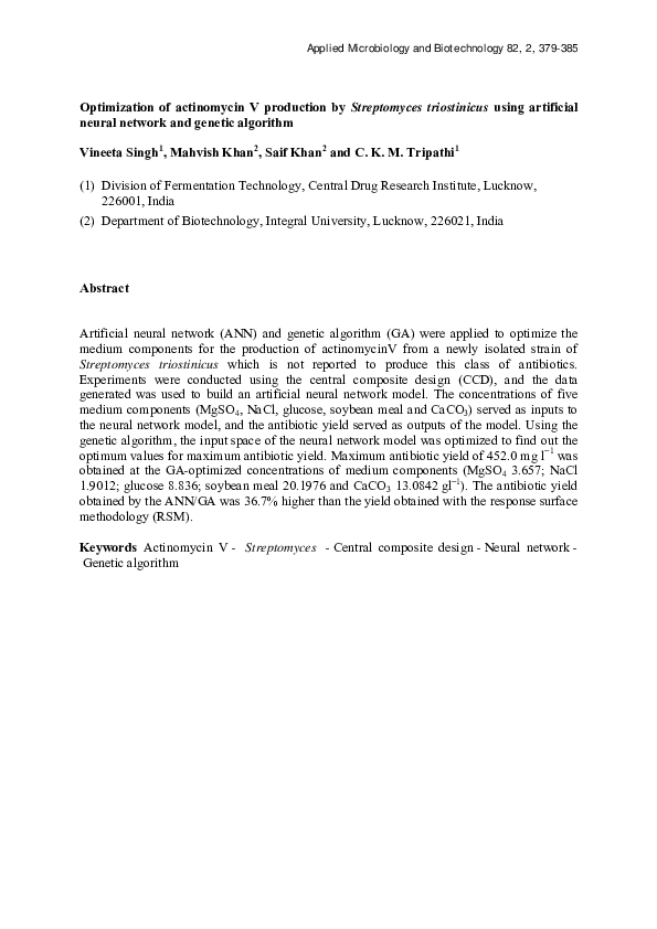 (PDF) Optimization of actinomycin V production by Streptomyces triostinicus using artificial ...
