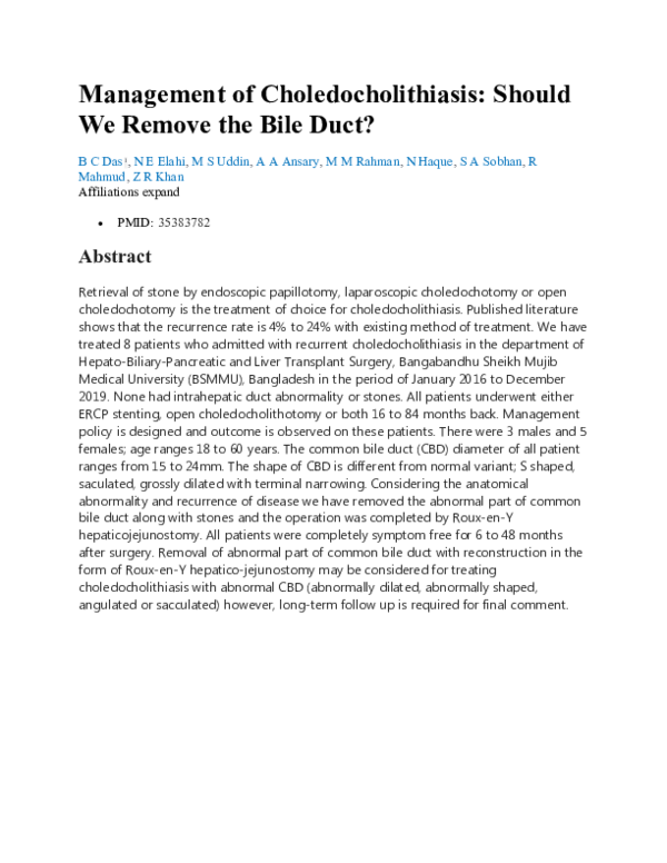 (DOC) Management of Choledocholithiasis: Should We Remove the Bile Duct