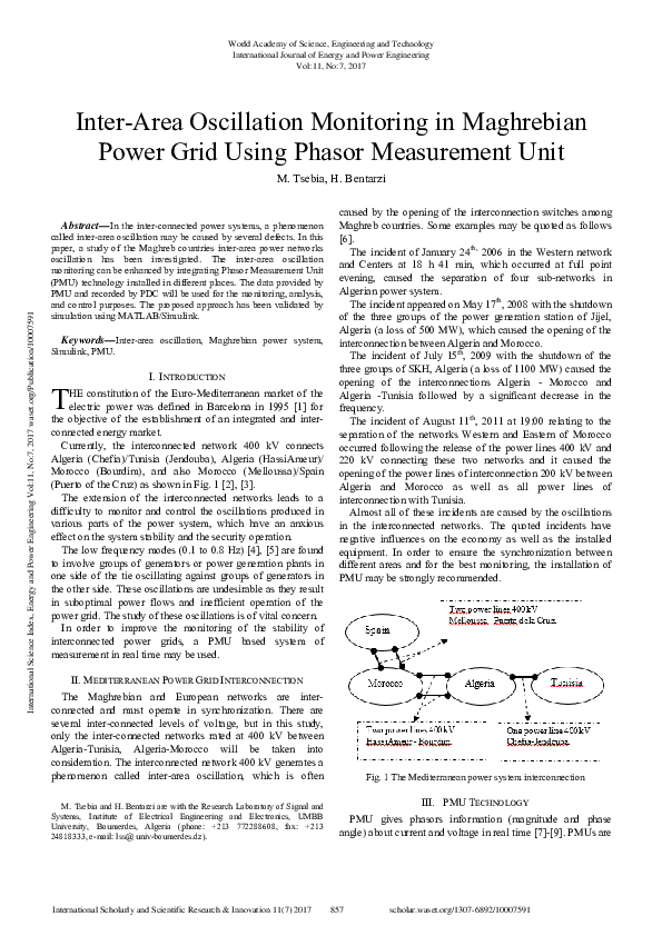 (PDF) Inter-Area Oscillation Monitoring In Maghrebian Power Grid Using Phasor Measurement Unit
