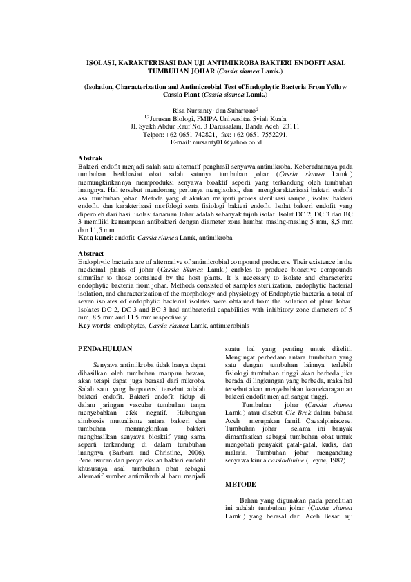 (PDF) ISOLASI, KARAKTERISASI DAN UJI ANTIMIKROBA BAKTERI ENDOFIT ASAL ...