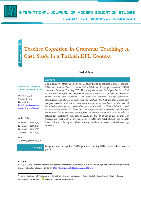 (PDF) Teacher Cognition in Grammar Teaching: A Case Study in a Turkish EFL Context