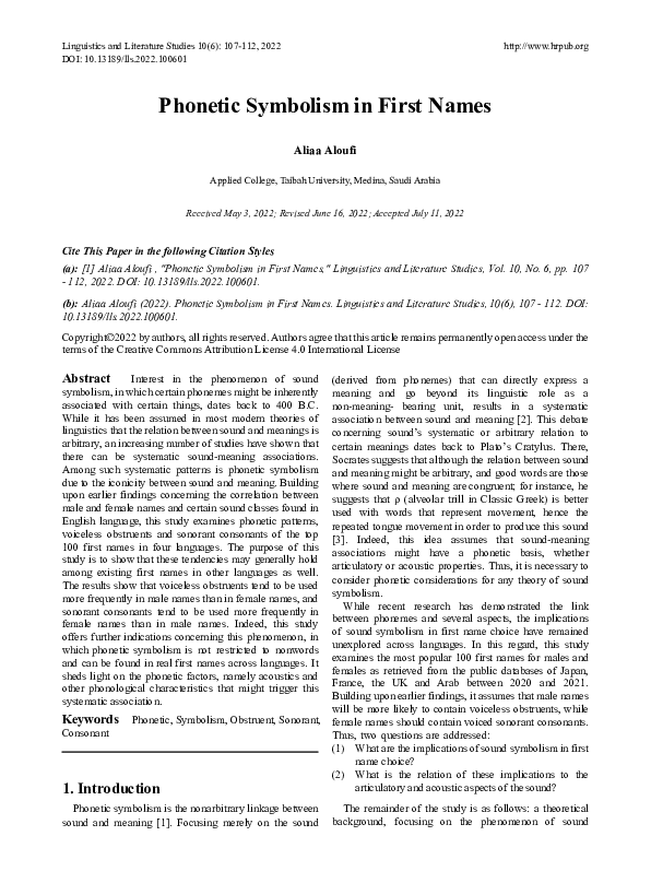 (PDF) Phonetic Symbolism in First Names