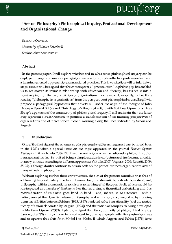 (PDF) ‘Action Philosophy’: Philosophical Inquiry, Professional Development and Organizational Change