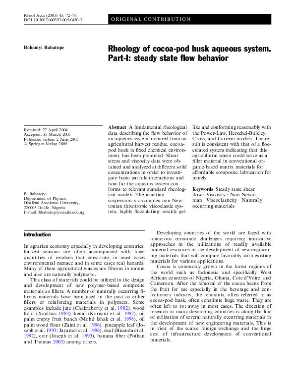 (PDF) Rheology of cocoa-pod husk aqueous system. Part-I: steady state ...