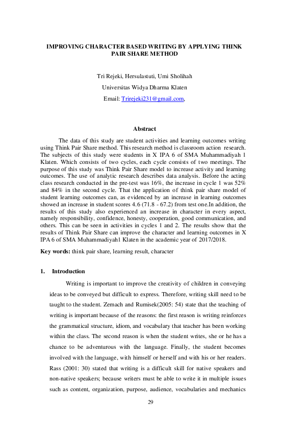 (PDF) Improving character Based Writing by Applying Think Pair Share Method