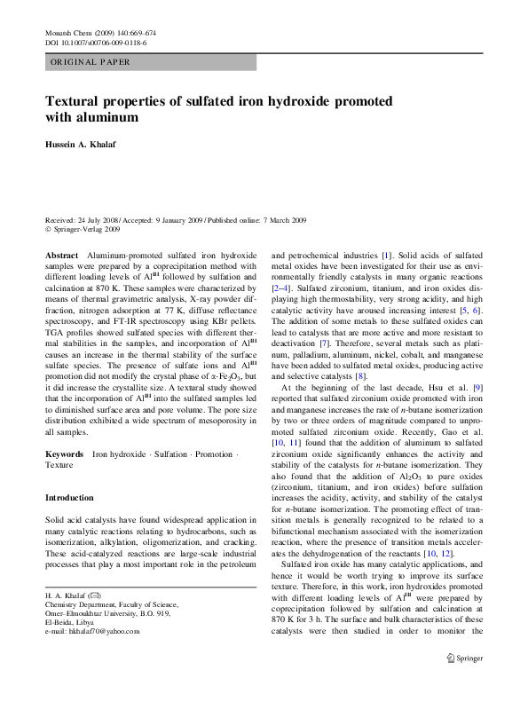 (PDF) Textural properties of sulfated iron hydroxide promoted with aluminum (PDF) Textural properties of sulfated iron hydroxide promoted with aluminum