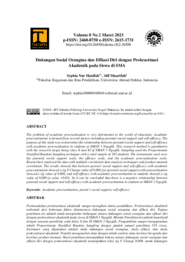 (PDF) Dukungan Sosial Orangtua dan Efikasi Diri dengan Prokrastinasi Akademik pada Siswa di SMA