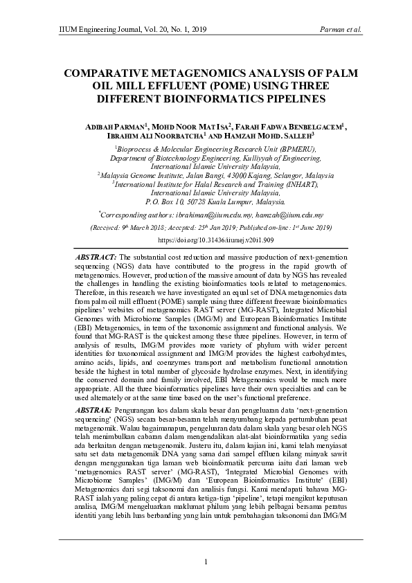 (PDF) Comparative Metagenomics Analysis of Palm Oil Mill Effluent (Pome) Using Three Different ...