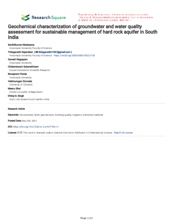 (PDF) Geochemical characterization of groundwater and water quality assessment for sustainable ...