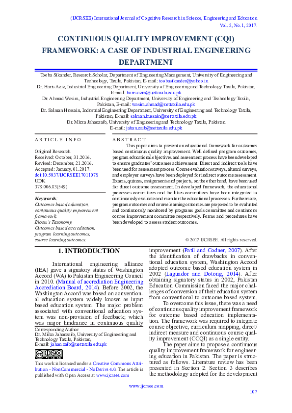 (PDF) Continuous quality improvement (CQI) framework: A case of industrial engineering ...