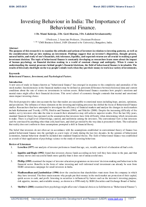 (PDF) Investing Behaviour in India: The Importance of Behavioural Finance | Dr.Mansi Kukreja ...