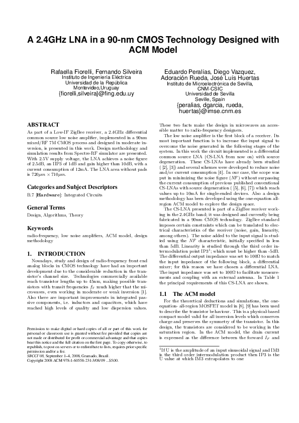 (PDF) A 2.4GHz LNA in a 90-nm CMOS technology designed with ACM model