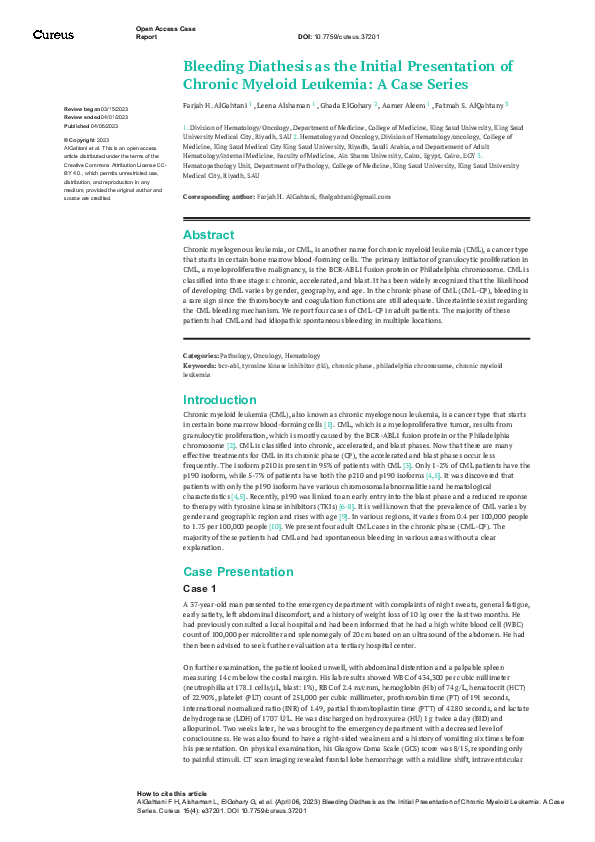 (PDF) Bleeding Diathesis as the Initial Presentation of Chronic Myeloid ...