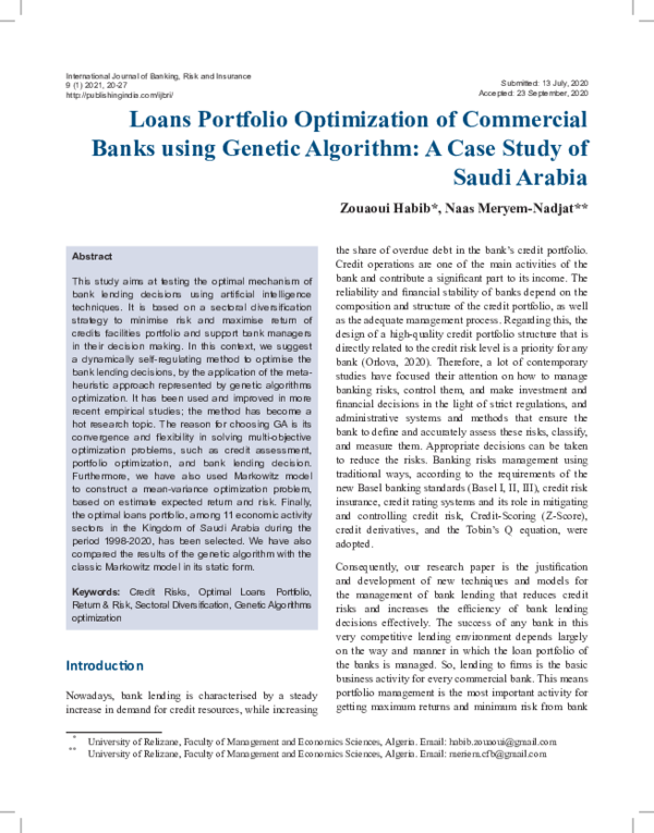 (PDF) Loans Portfolio Optimization of Commercial Banks using Genetic Algorithm: A Case Study of ...
