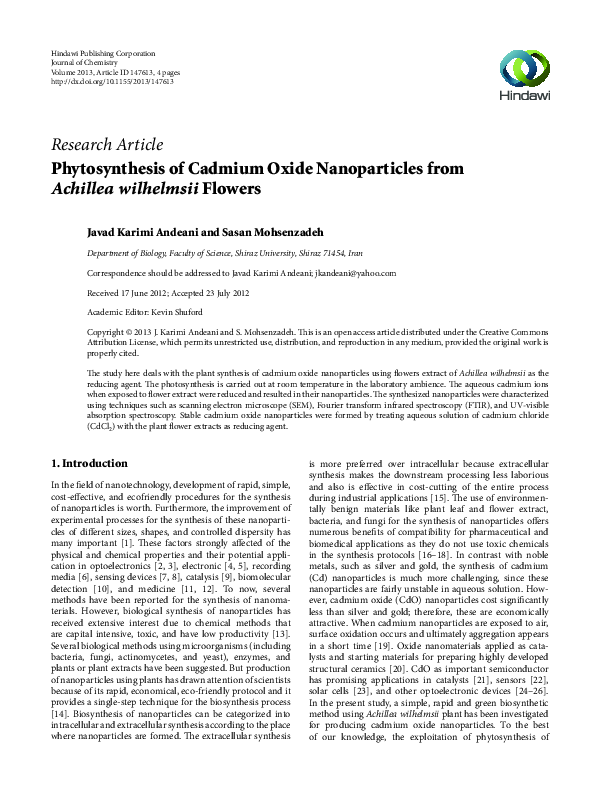 (PDF) Phytosynthesis of Cadmium Oxide Nanoparticles fromAchillea ...