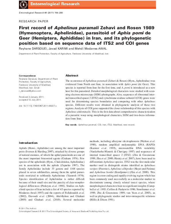 (PDF) First record of Aphelinus paramali Zehavi and Rosen 1989 ...