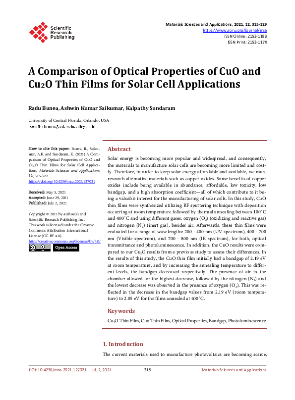(PDF) A Comparison of Optical Properties of CuO and Cu 2 O Thin Films for Solar Cell Applications