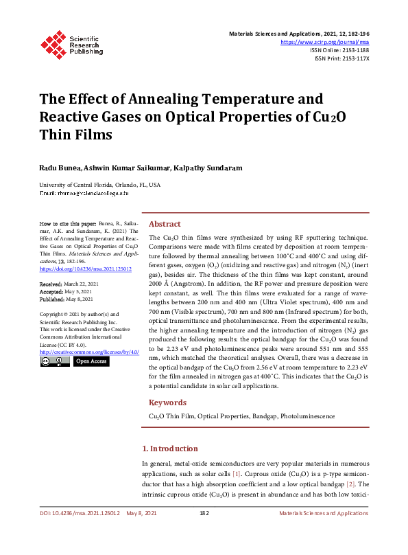 (PDF) The Effect of Annealing Temperature and Reactive Gases on Optical Properties of Cu2O Thin ...