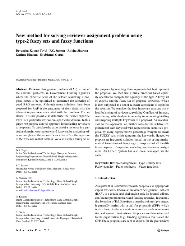(PDF) New method for solving reviewer assignment problem using type-2 fuzzy sets and fuzzy functions