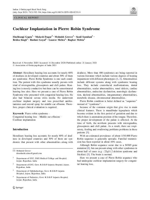 (PDF) Cochlear Implantation in Pierre Robin Syndrome
