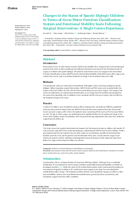 (PDF) Changes in the Status of Spastic Diplegic Children in Terms of ...