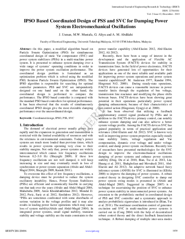 (PDF) IPSO Based Coordinated Design of PSS and SVC for Damping Power System Electromechanical ...