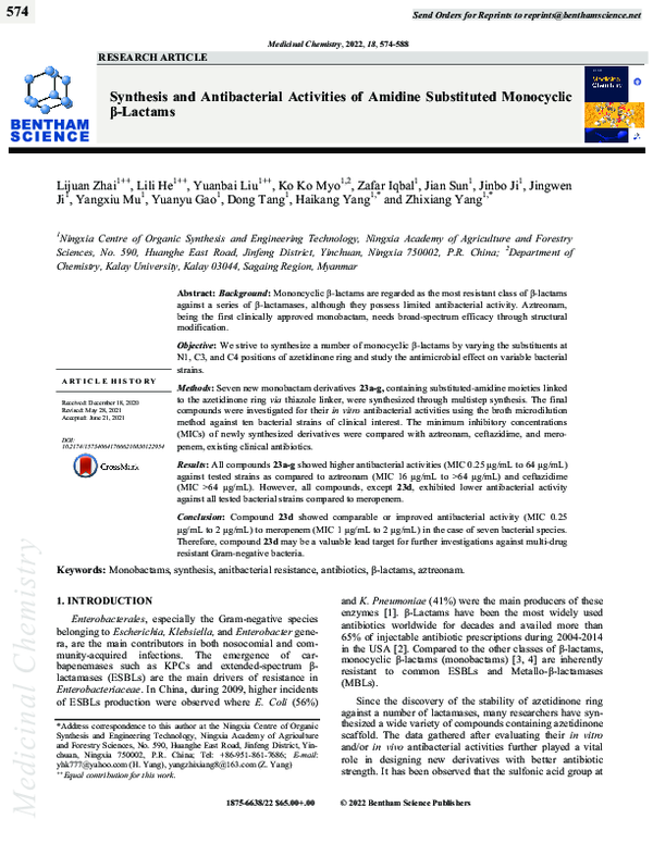 (PDF) Synthesis and Antibacterial Activities of Amidine Substituted Monocyclic β-Lactams | Ko ...