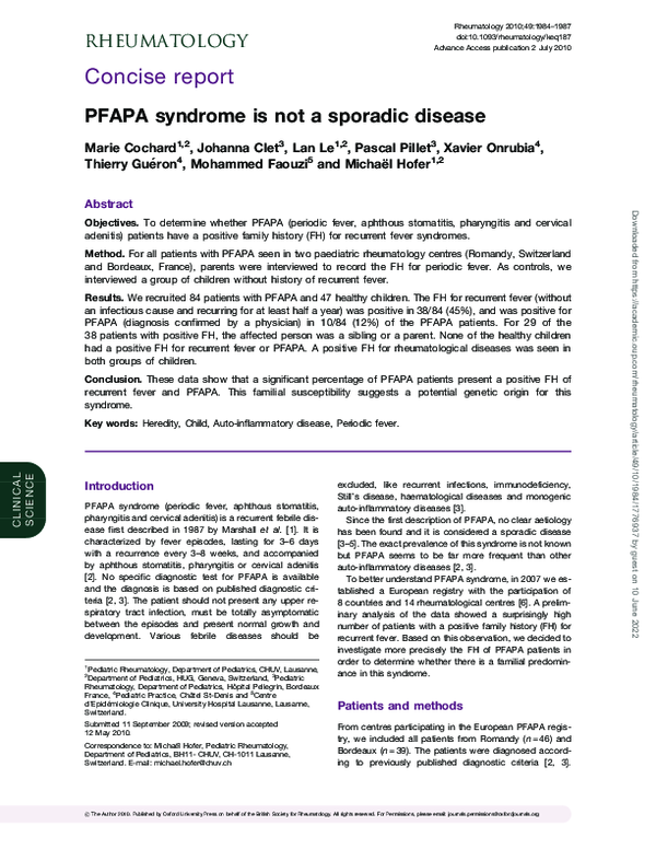 (PDF) PFAPA syndrome is not a sporadic disease