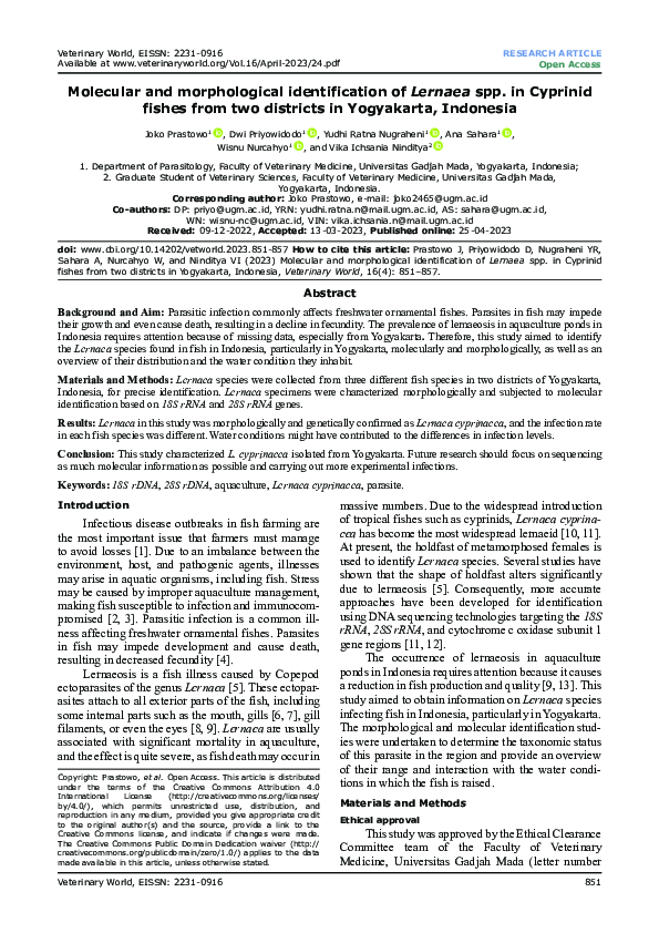 (PDF) Molecular and morphological identification of Lernaea spp. in ...