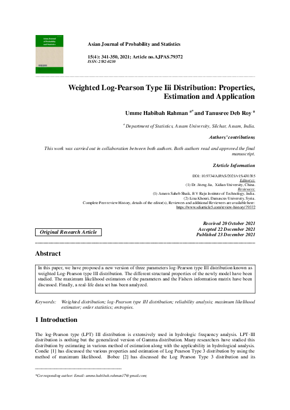 (PDF) Weighted Log-Pearson Type Iii Distribution: Properties, Estimation and Application