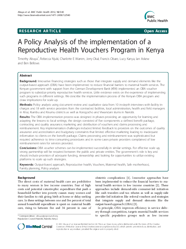 (PDF) A Policy Analysis of the implementation of a Reproductive Health ...