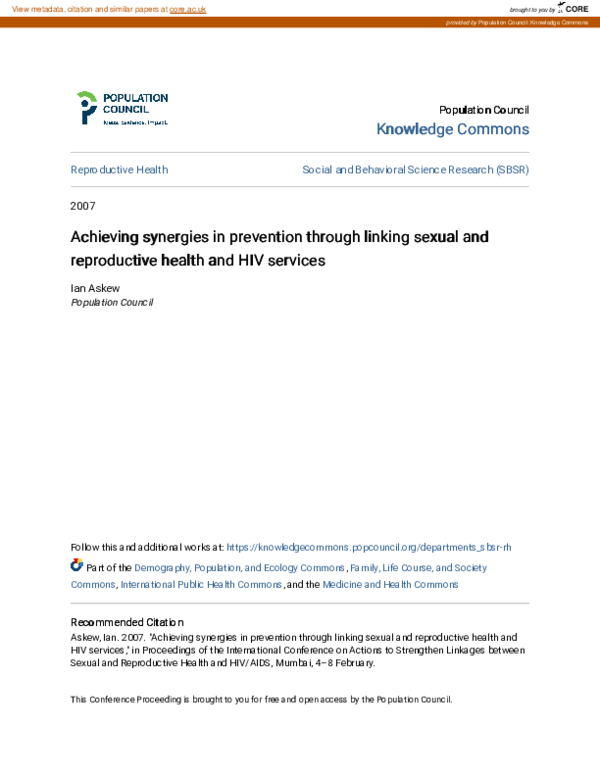 (PDF) Achieving synergies in prevention through linking sexual and ...