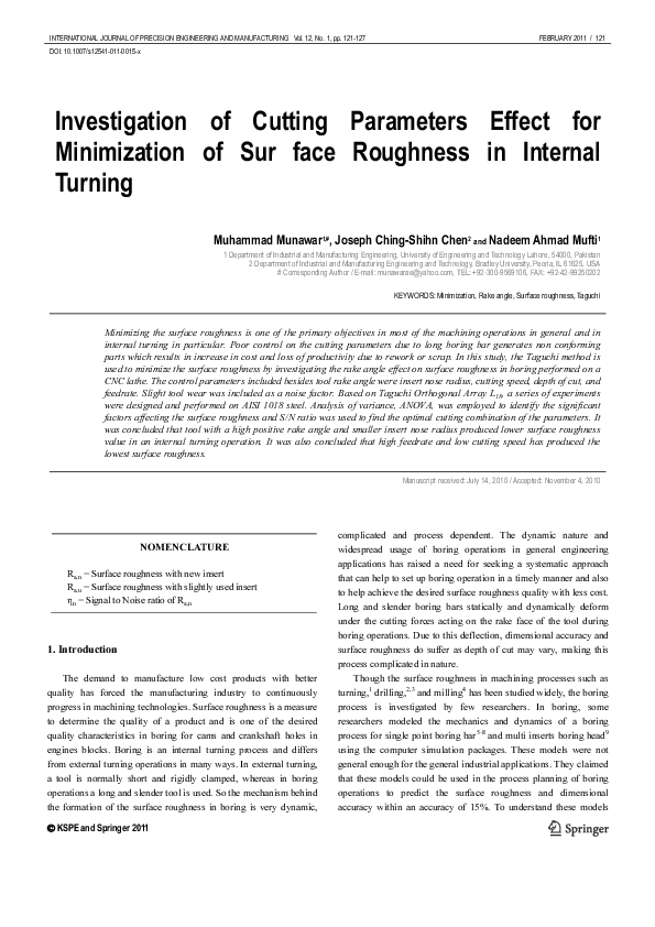 Pdf Investigation Of Cutting Parameters Effect For Minimization Of Sur Face Roughness In