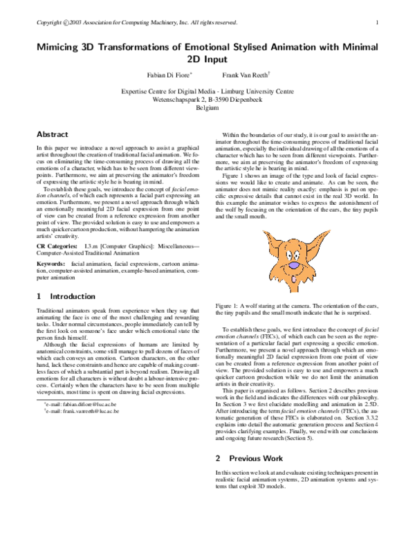 (PDF) Mimicing 3D transformations of emotional stylised animation with minimal 2D input