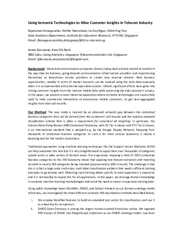 (PDF) Using Semantic Technologies to Mine Customer Insights in Telecom Industry