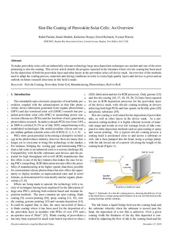 (PDF) Slot-die coating of perovskite solar cells: An overview